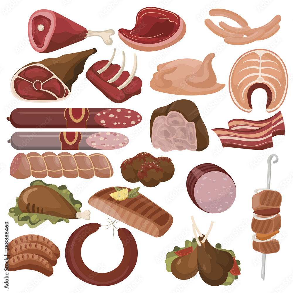 Vector set of cartoon food. Collection of stylized raw meat. Sliced ...