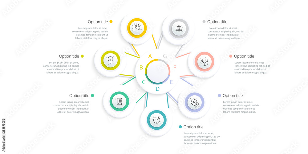 Business process chart infographics with 7 step options. Square ...