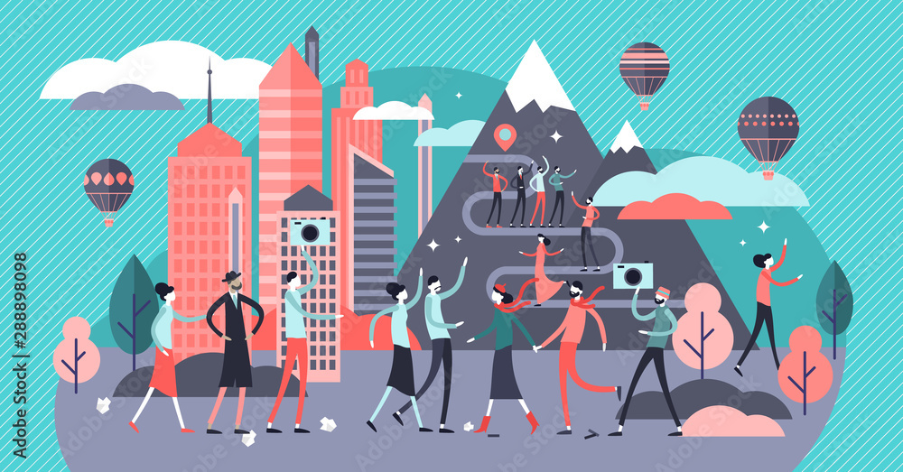 Overtourism vector illustration. Tiny tourist crowd problem persons ...