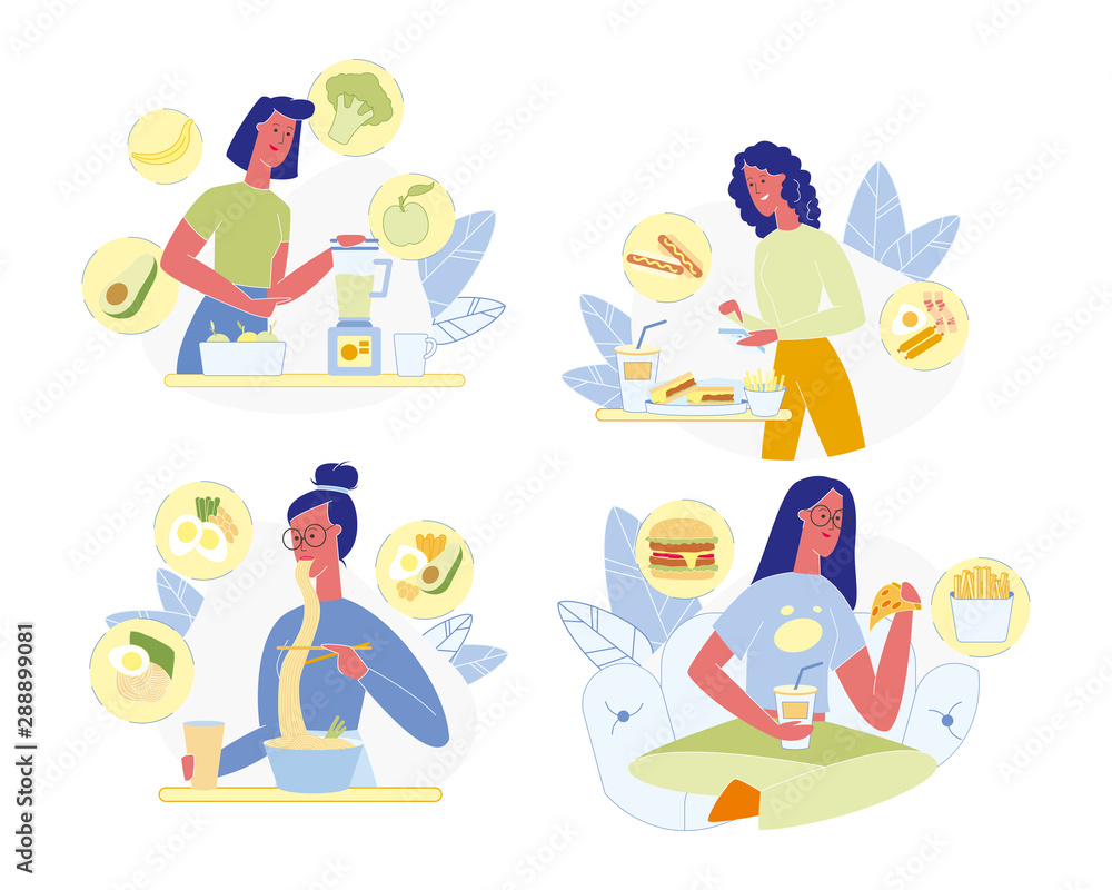 Young Woman Healthy and Unhealthy Nutrition Set isolated on White ...