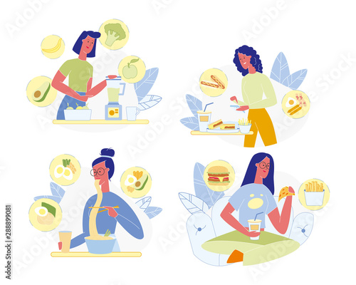 Young Woman Healthy and Unhealthy Nutrition Set isolated on White ...
