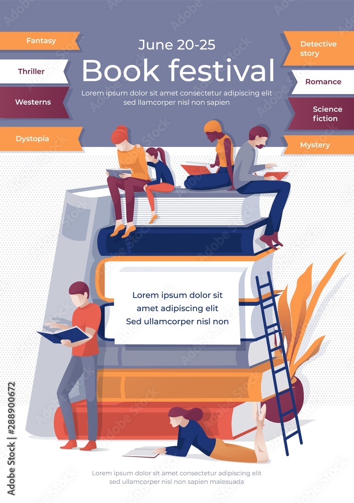 Book Festival Banner. Cartoon People Read on Book Stack Vector ...