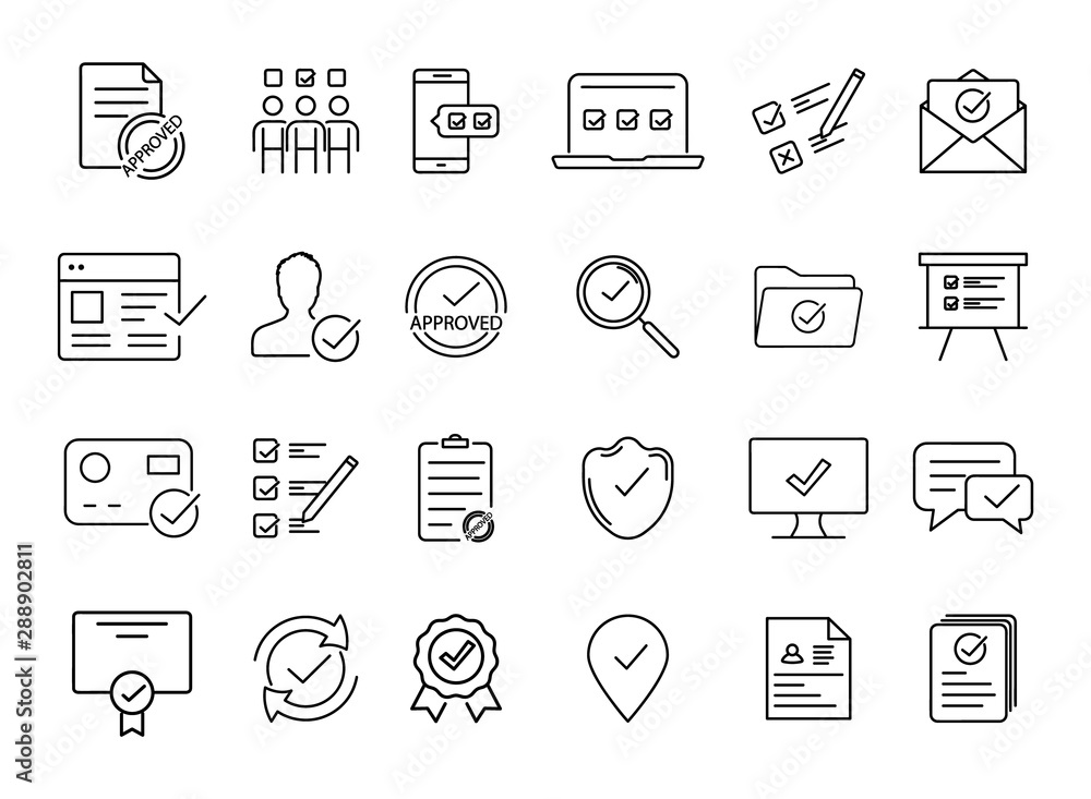 Simple Set of Approved Linear Icons. Check mark icon set. Approved Outline symbols collection ...