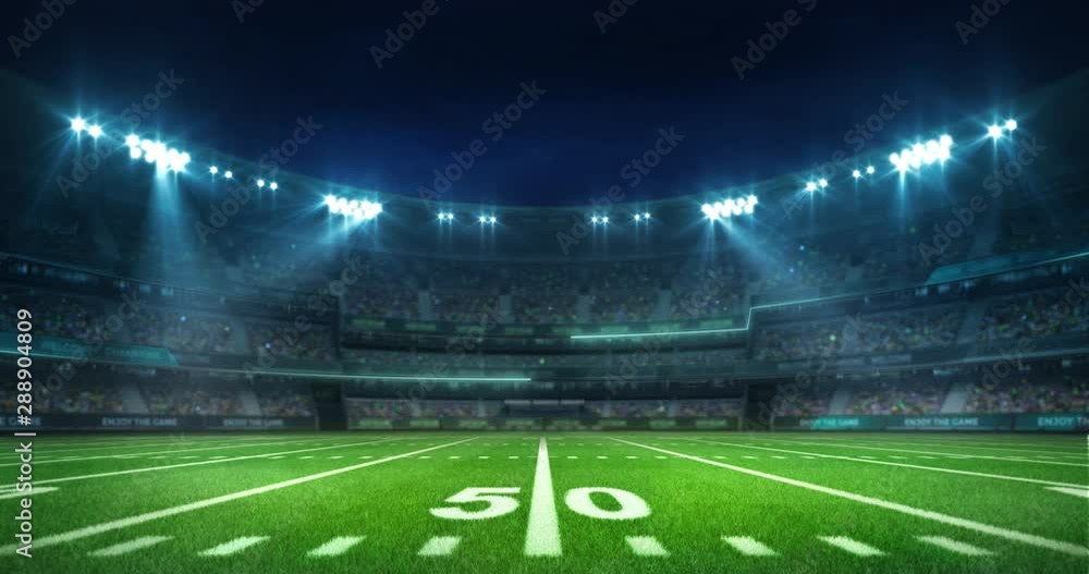 American football stadium with grassy playground and fans under shining ...