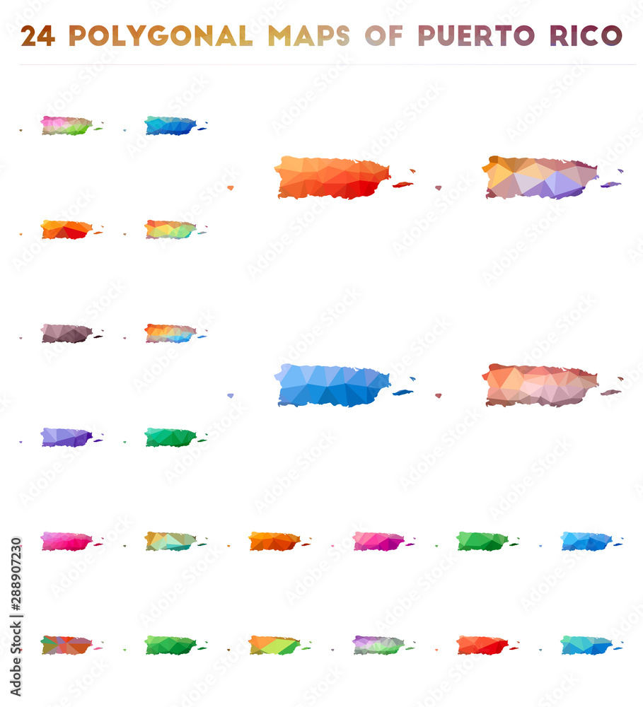 Set of vector polygonal maps of Puerto Rico. Bright gradient map of ...