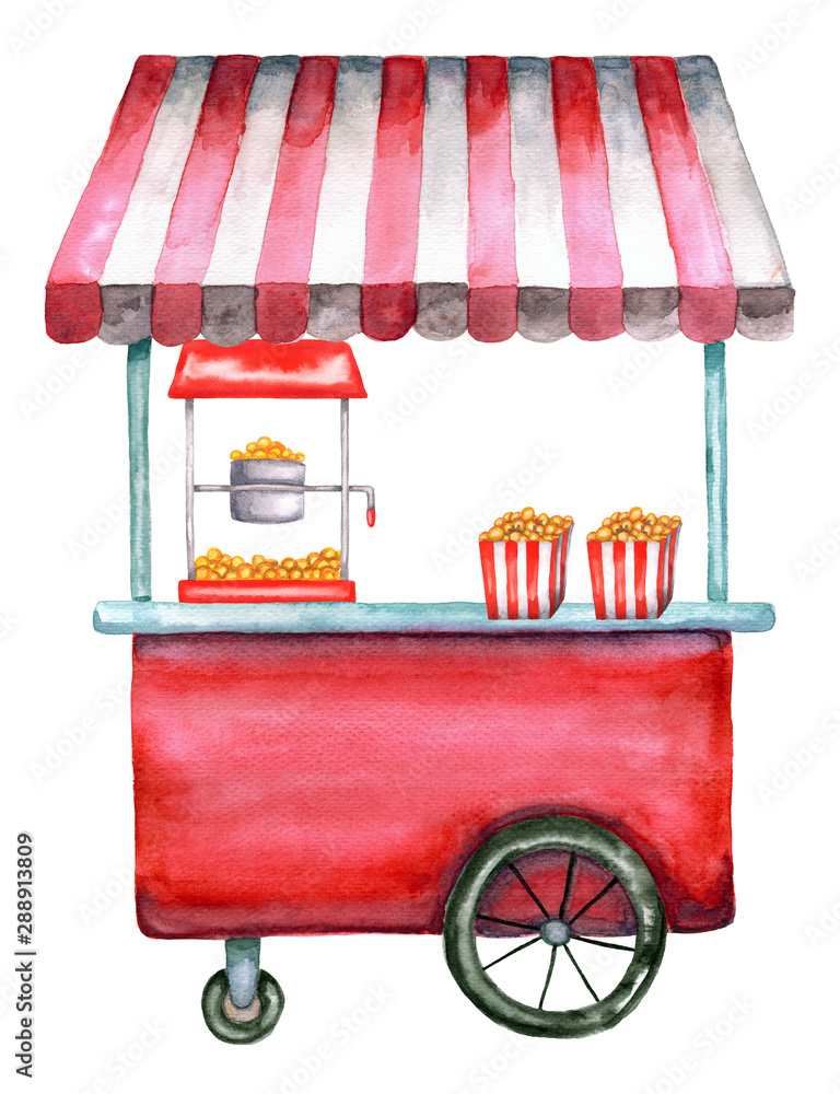 Watercolor popcorn cart, trolley, truck. Illustration isolated on white ...