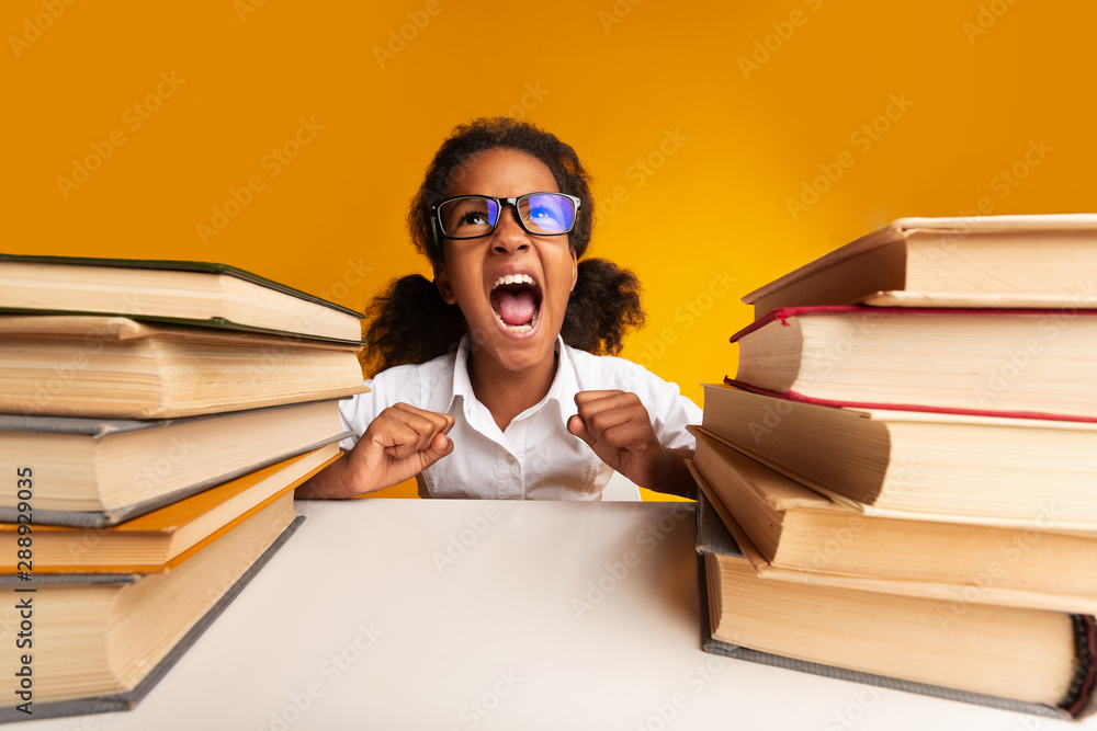 Angry Little Girl Shouting Doing Homework Sitting Between Book Stacks ...