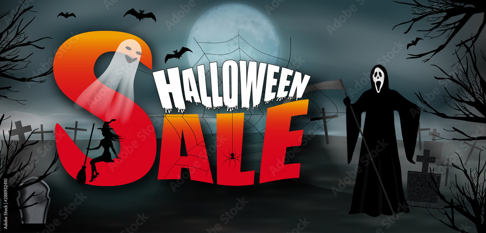 Halloween sale with grim reaper and full moon over the graveyard with ...