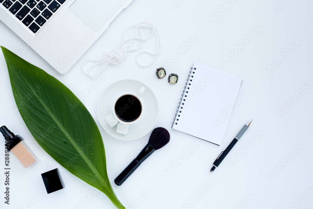 Flat lay girly, pale black items for planning, notepads, pens, office ...