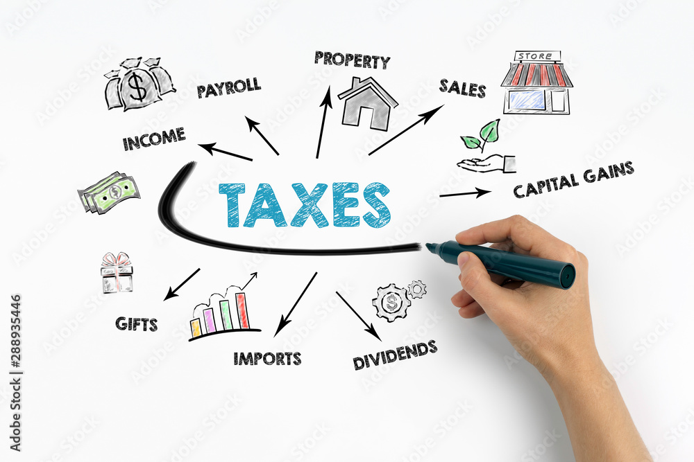 Taxes Concept. Chart with keywords and icons foto de Stock | Adobe Stock