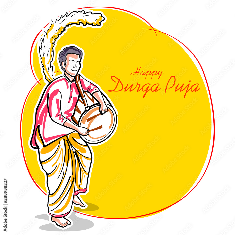 illustration of Dhaki playing dhak drum in Happy Durga Puja Subh ...