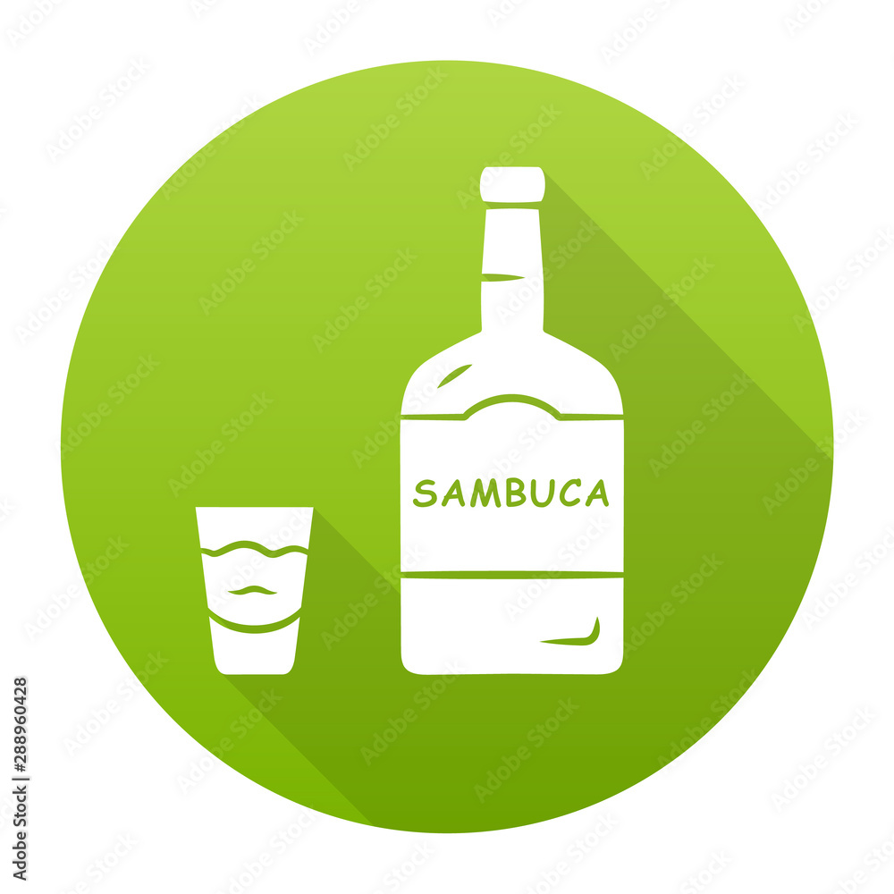 Sambuca green flat design long shadow glyph icon. Bottle and shot glass ...