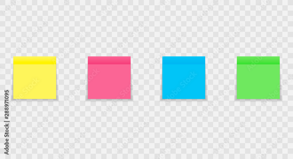 Set of yellow, green, blue and pink paper sticky notes glued to the ...