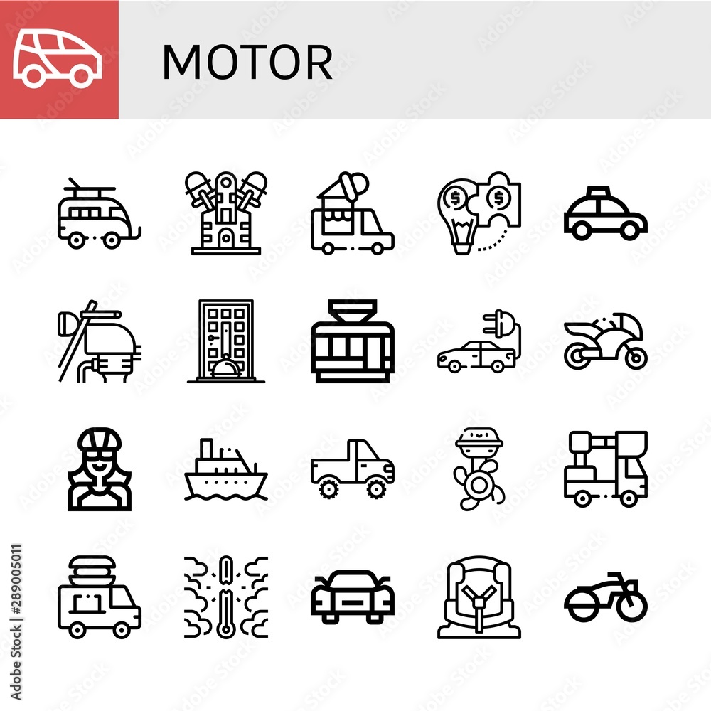 Set of motor icons such as Electric car, Caravan, Engine, Ice cream ...