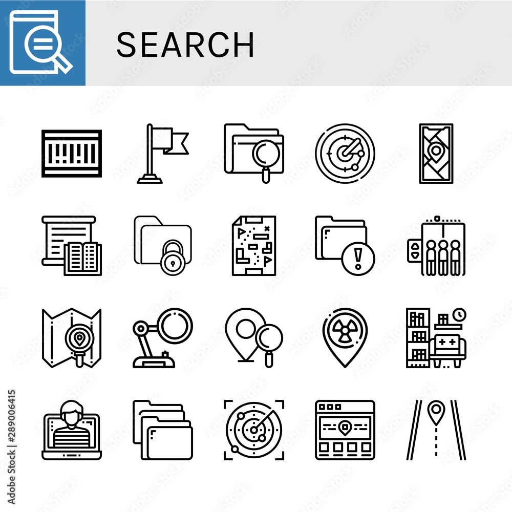 Set of search icons such as Magnifying glass, Barcode, Destination ...