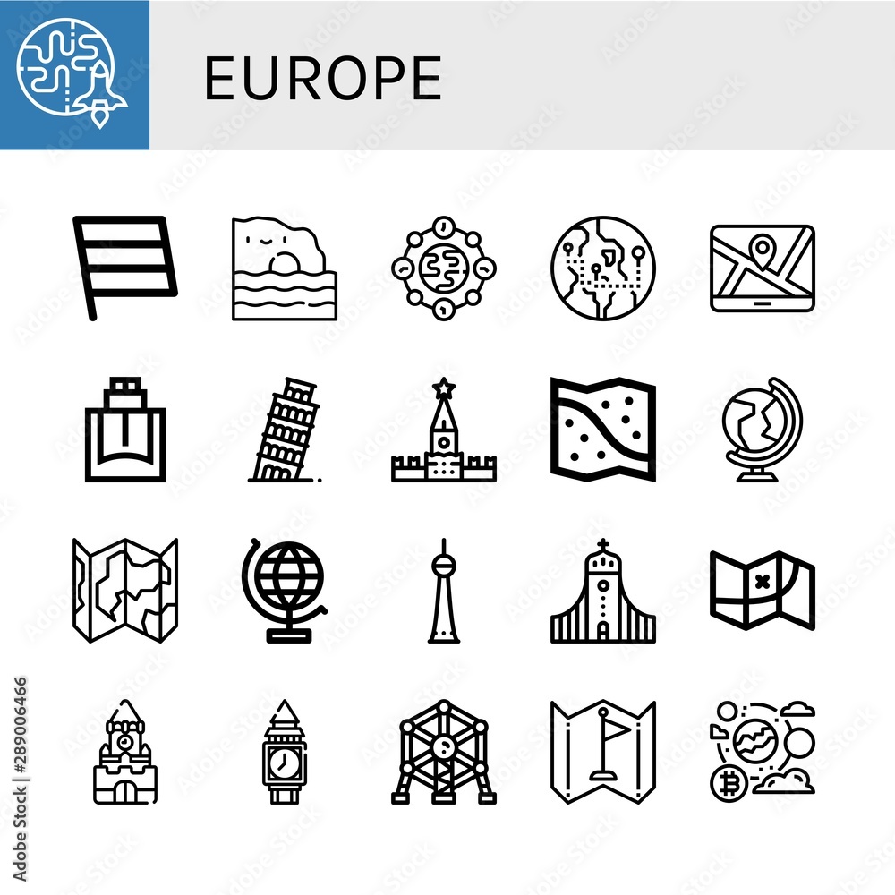 Set of europe icons such as Earth, Flag, Algarve, Globe, Map, Cologne ...