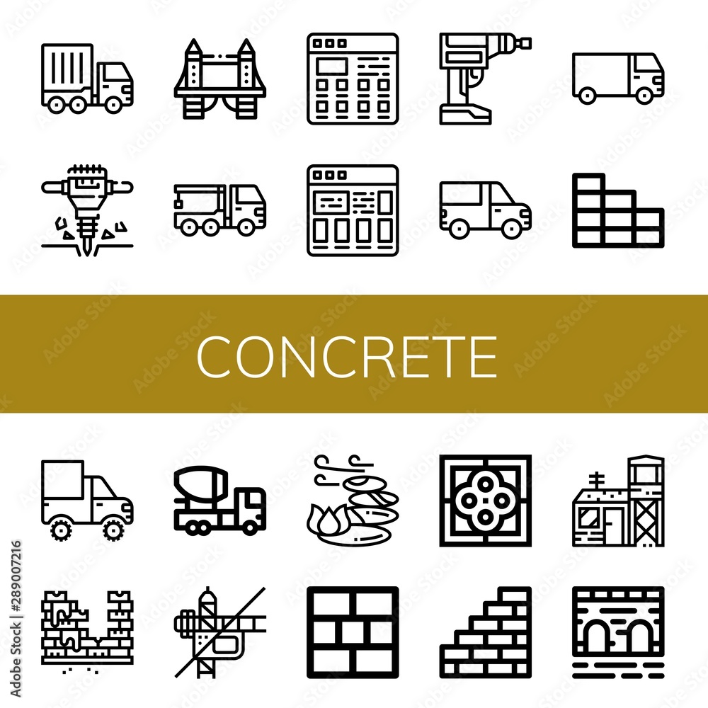 Set of concrete icons such as Cargo truck, Jackhammer, Tower bridge ...