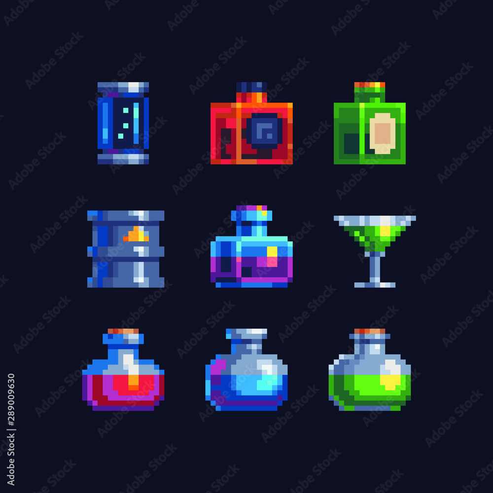 Different glass bottles with liquid and alcoholic beverages jare and ...