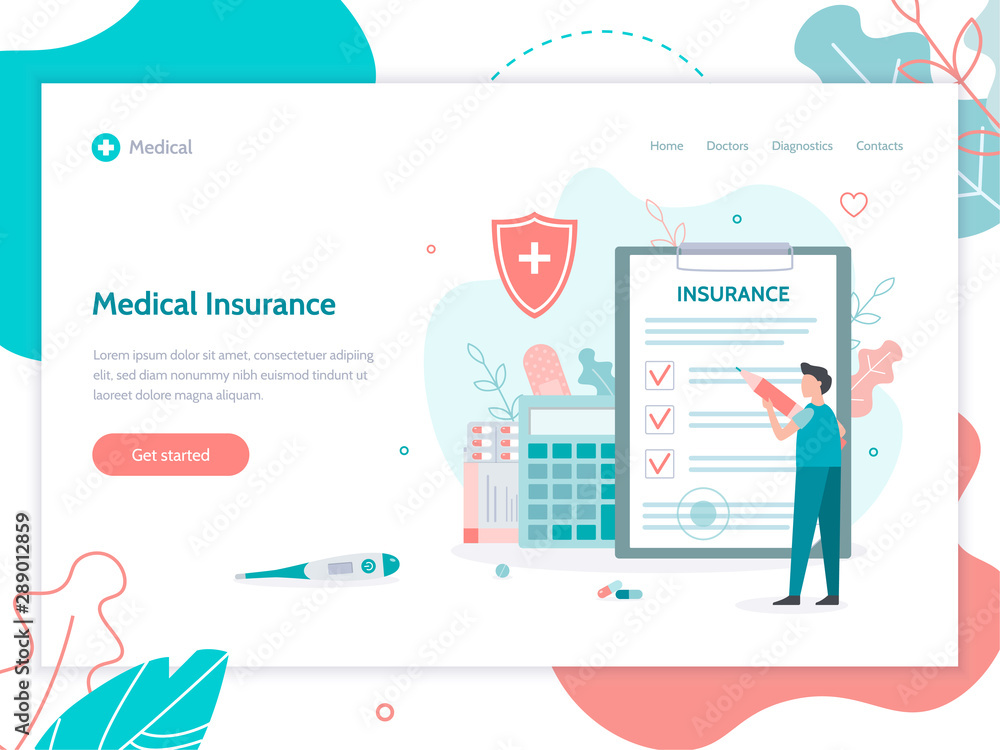 Medical insurance concept. Tiny man with pen, calculator and shield ...