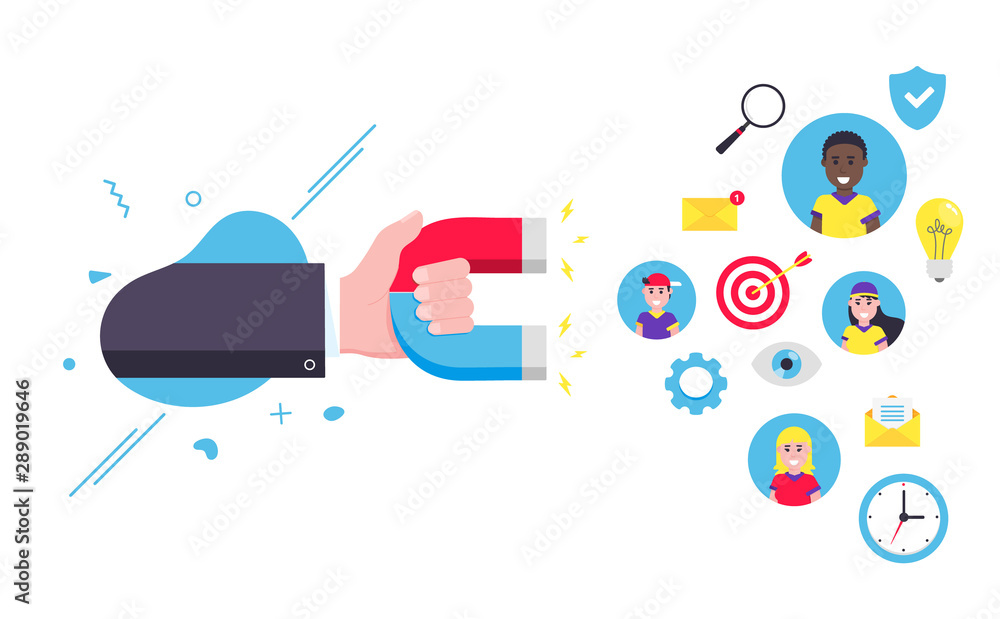 Customer retention concept with hand holding magent, social media ...