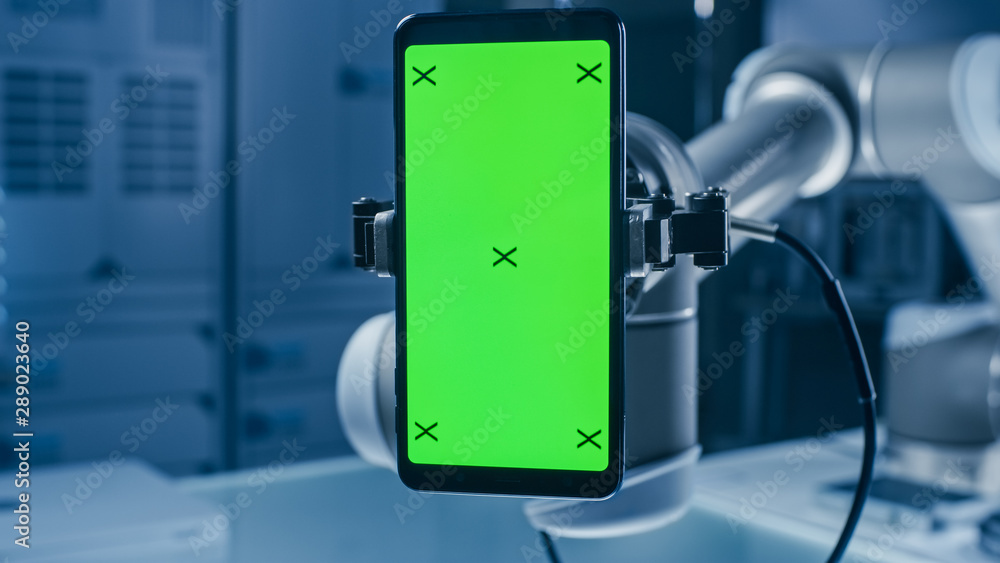 Real Robot Arm Holding Green Mock-Up Screen Smartphone Device ...