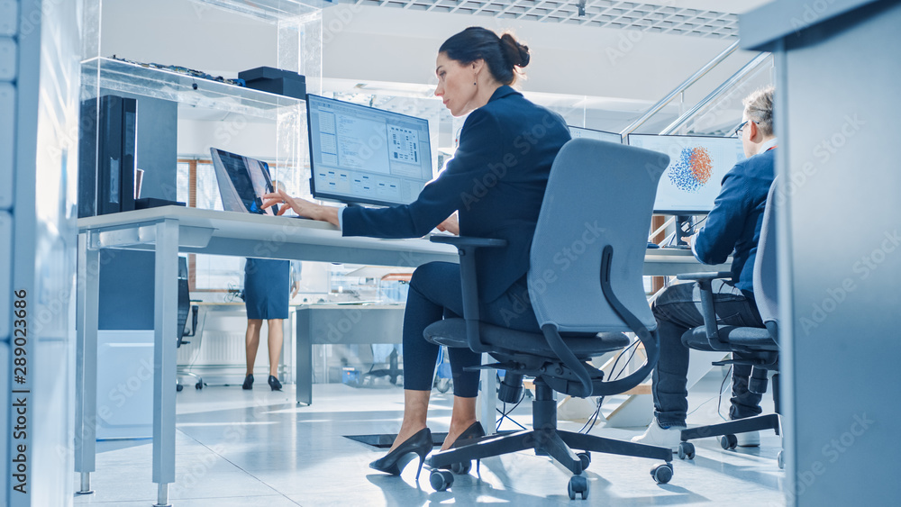 Back View of Team of Technology Engineers Working on Desktop Computers in Bright Office. Screens ...