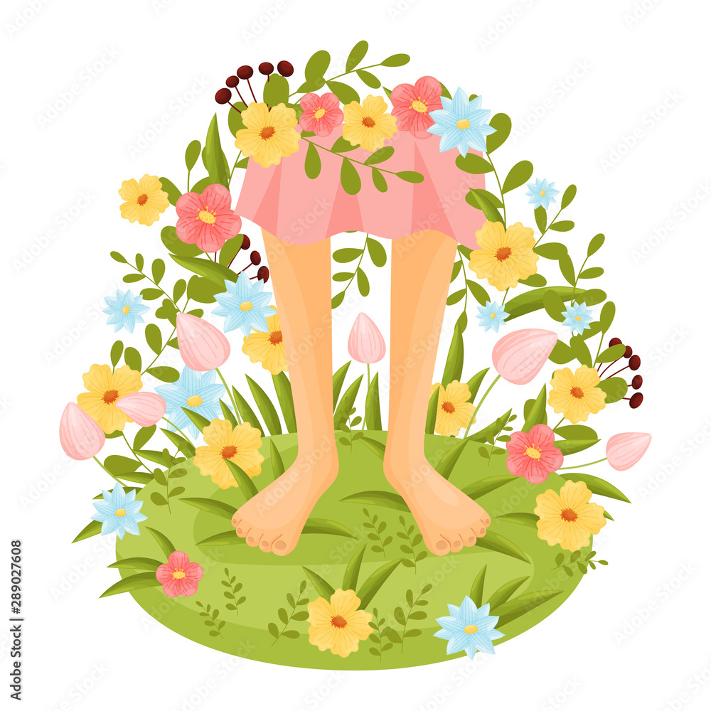 Bare feet in a clearing surrounded by flowers. Vector illustration ...