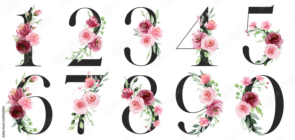 Numbers with watercolor flowers roses and leaf. Perfectly for wedding ...