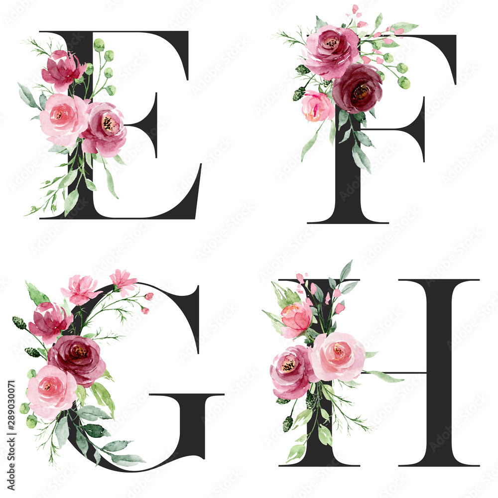 Floral alphabet, letters with watercolor pink flowers and leaf ...
