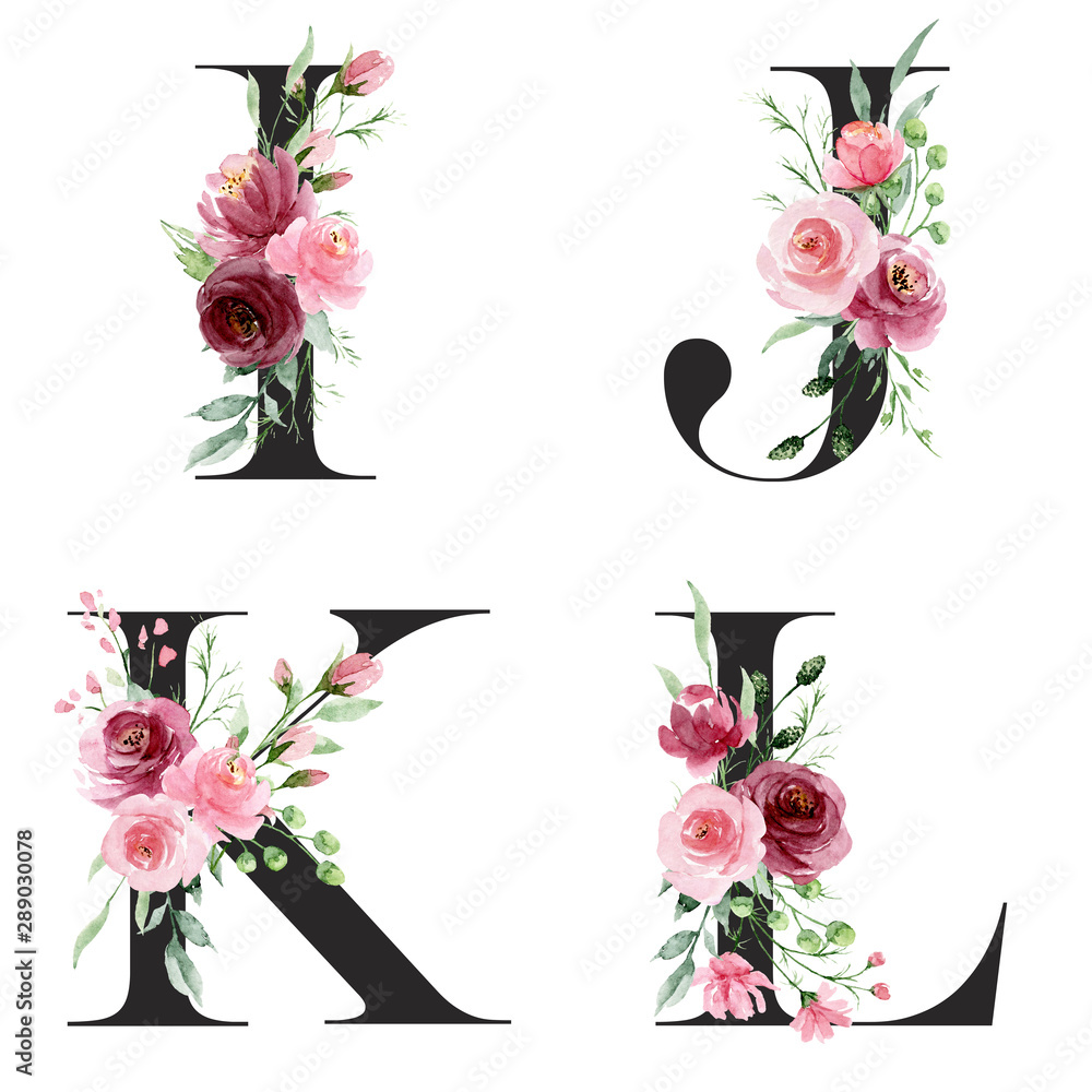 Floral alphabet, letters with watercolor pink flowers and leaf ...