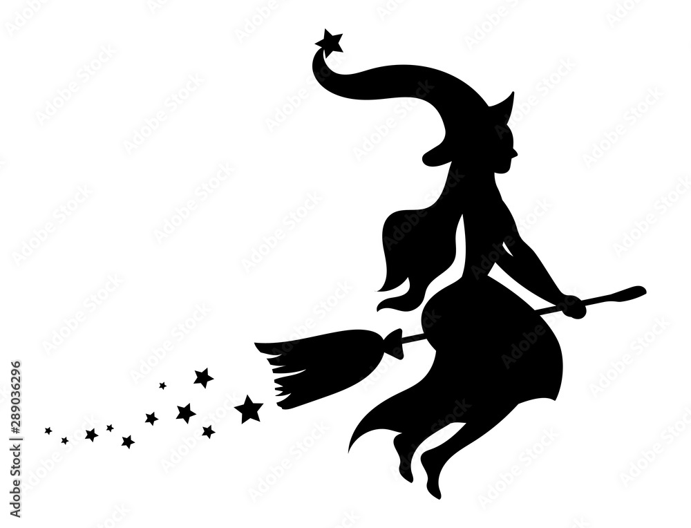 Black silhouette of a witch flying on a broomstick. Silhouette for the ...