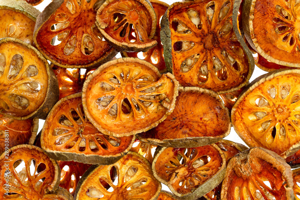 Top view image of thailand bael fruit matum tea isolated at white ...