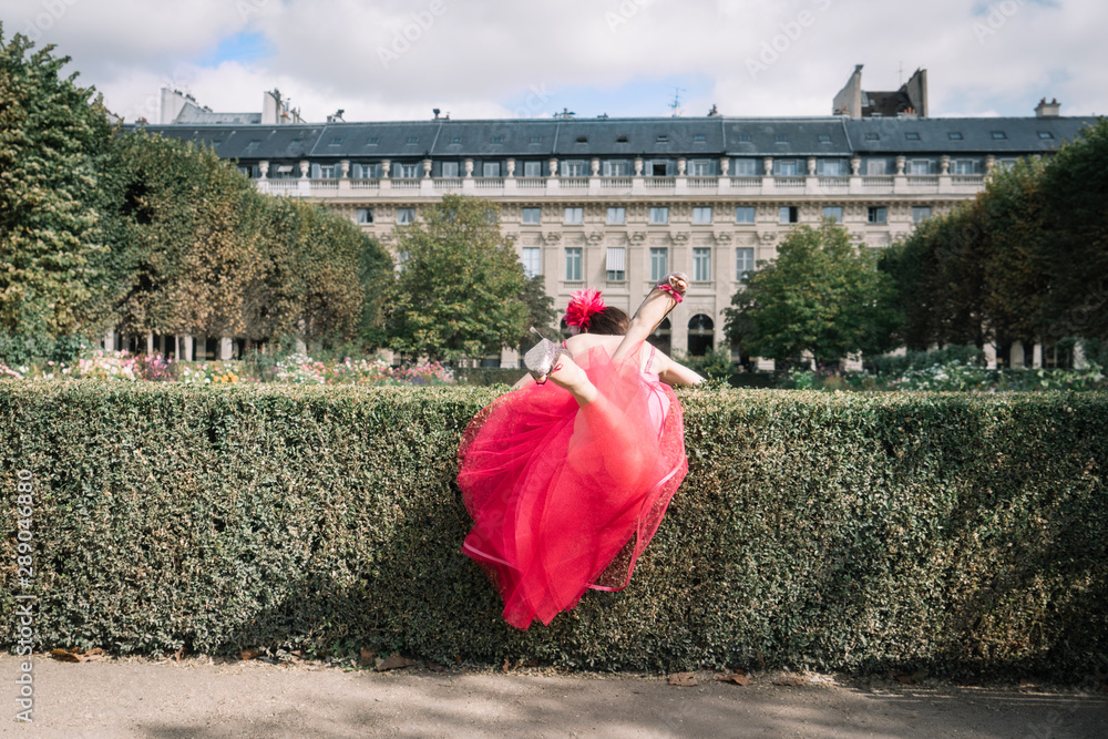 Princess in pink dress falls in the bushes Stock-Foto | Adobe Stock
