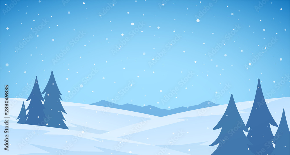 Cartoon Winter snowy Mountains flat landscape with pines and hills ...