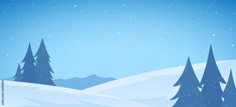 Cartoon Winter snowy Mountains flat landscape with pines and hills ...