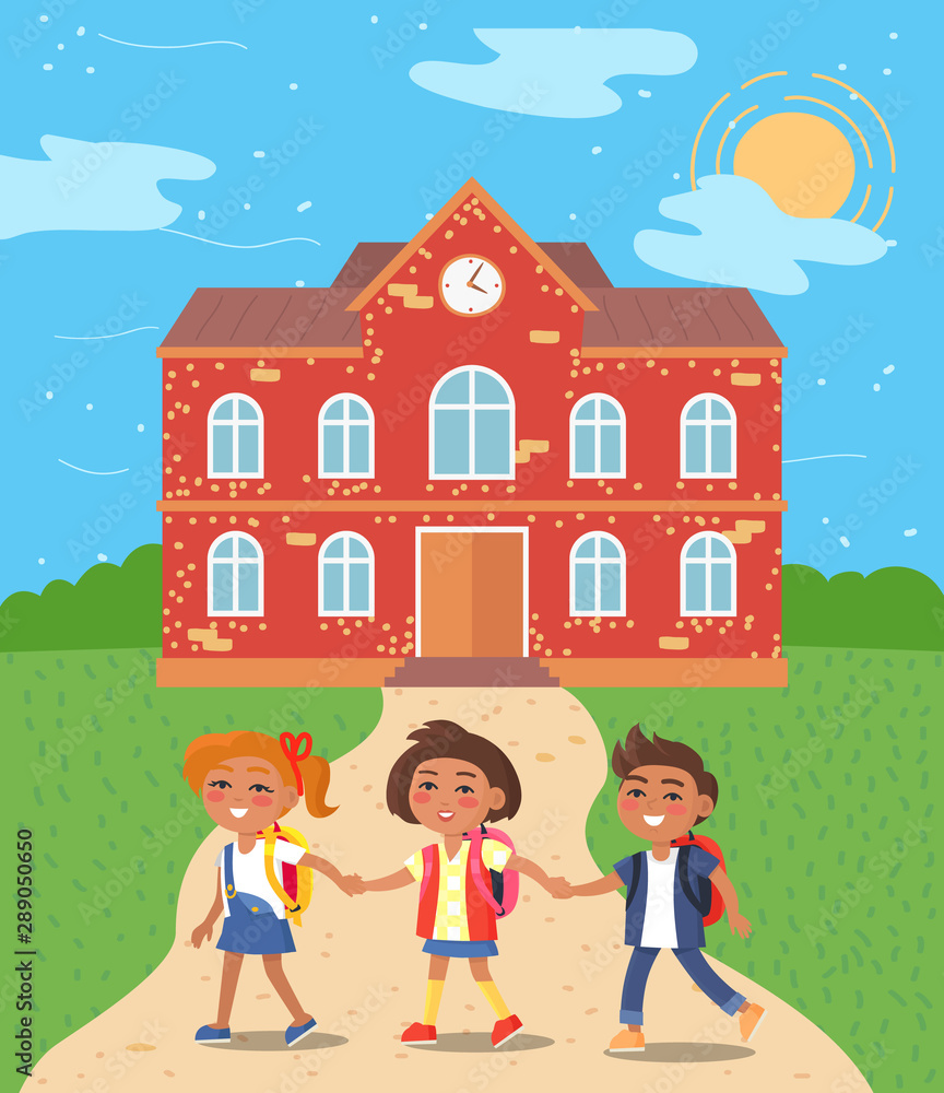 School and pupils on path vector, building exterior with clock ...