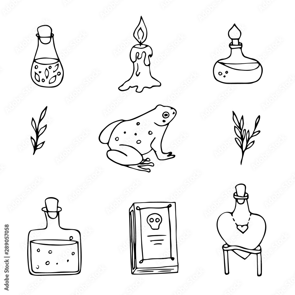Halloween magic collection. Hand drawn sketch elements of design. The ...