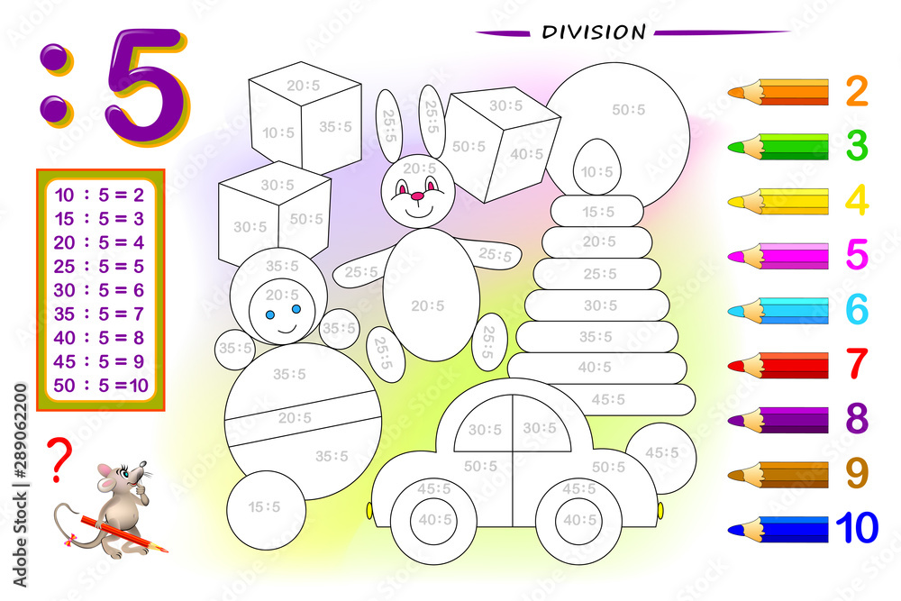 Division by number 5. Math exercises for kids. Paint the picture ...