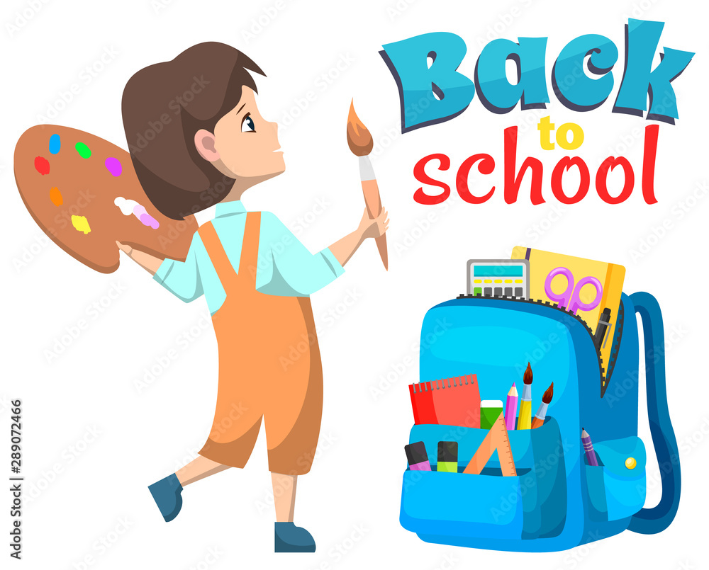 Back to school poster, girl painter with tassel and paints. Backpack ...