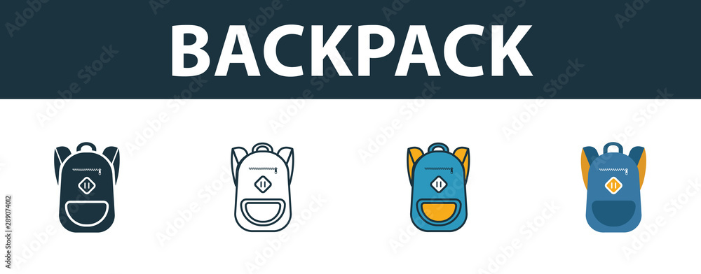 Backpack icon set. Four elements in diferent styles from school icons ...