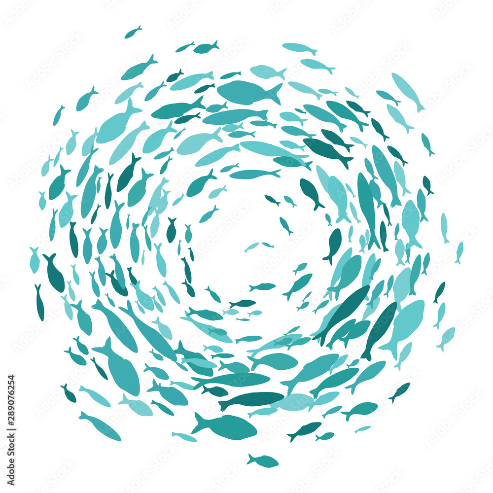 Colored silhouettes school of fish. A group of silhouette fish swim in ...