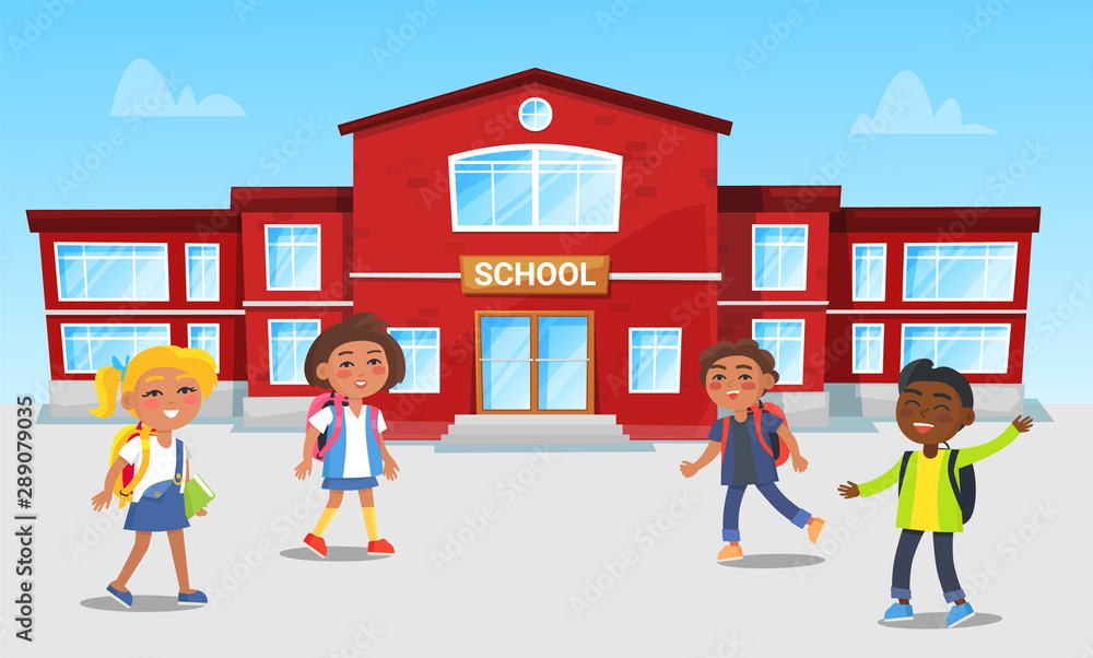School break vector, school exterior building exterior. Playing kids ...
