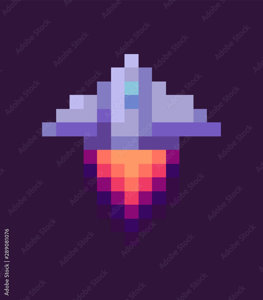 Retro spaceship, pixel art sign in 8 or 16 bit game in dark night sky ...
