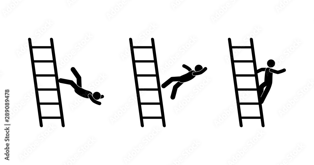 stick figure ladder icon, man falling from ladder pictogram, human ...