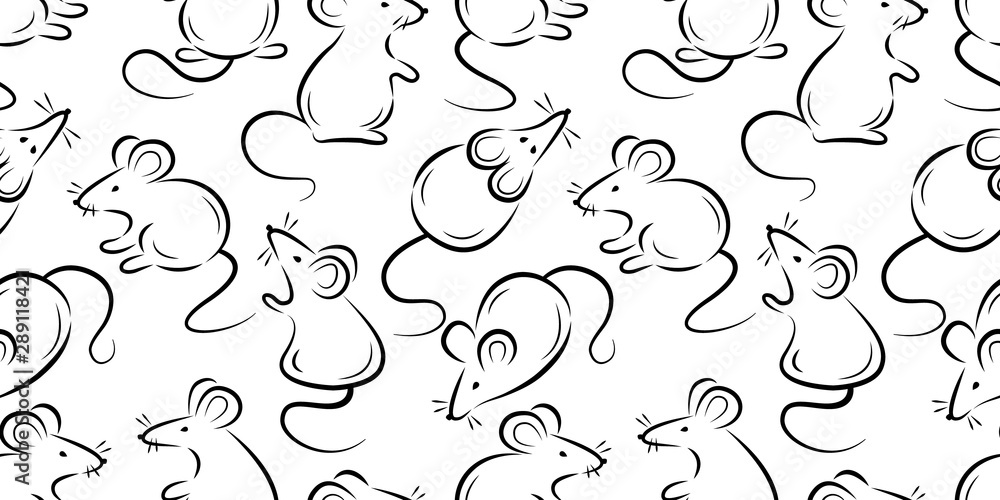 Seamless pattern with drawn mice in chinese calligraphy style. Black ...