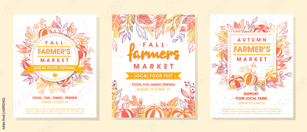 Set of autumn fermers market banners with leaves and floral elements ...