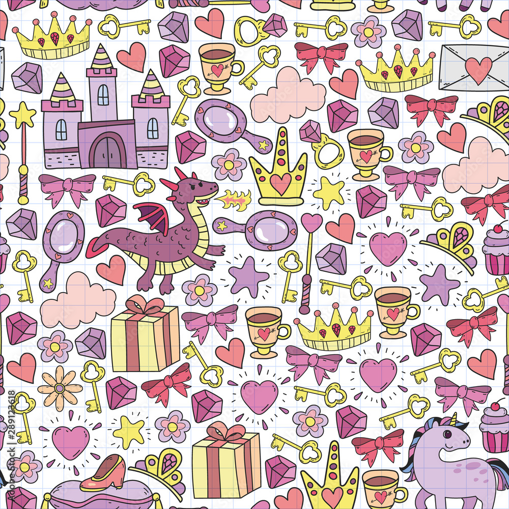 hand-drawn princess doodles. vector. Cartoon. seamless Stock Vector ...