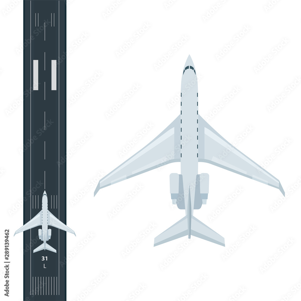 Airplane top view. Business aircraft and runway vector illustrations ...