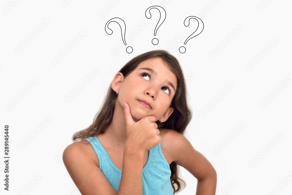 Thoughtful cute young girl with three question marks above her head ...