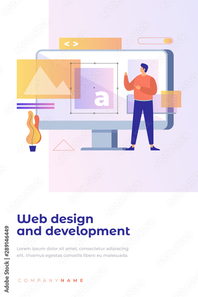 A man stands in front of the monitor screen. Concept of web design and ...